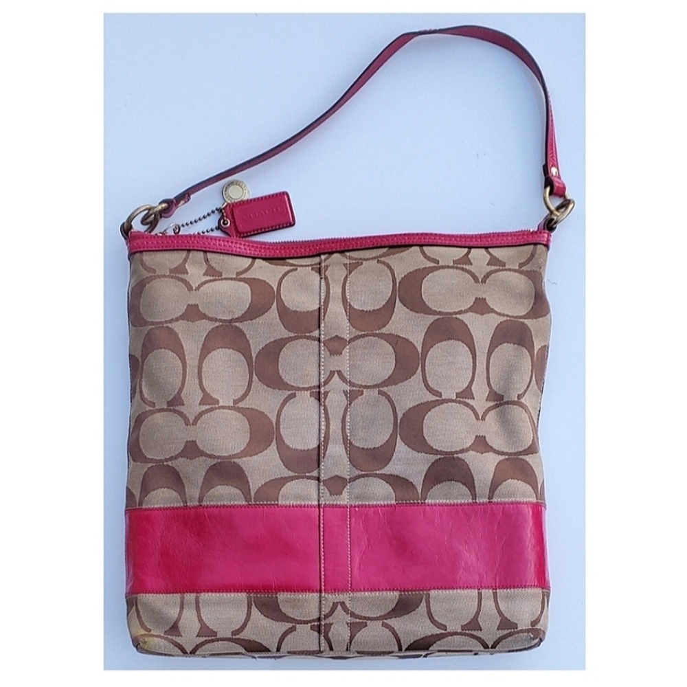 Coach Hot Pink Leather & Tan Classic Logo Canvas Bag/… - Gem